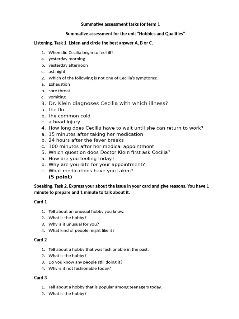 Term 1 Summative Assessment Tasks | PDF