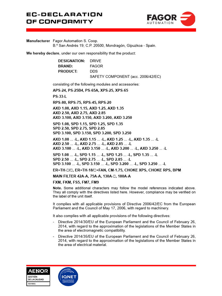 Fagor DDS Drive Safety Compliance | PDF | Electromagnetic Compatibility ...