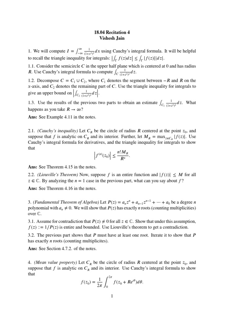 MIT18 04S18 Recit4-Solutions | PDF | Complex Number | Abstract Algebra
