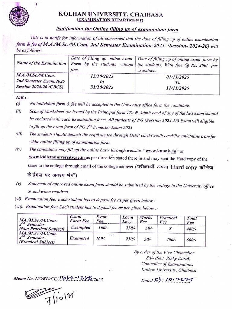 Form Fillup of PG 2nd Sem Exam 2025 | PDF