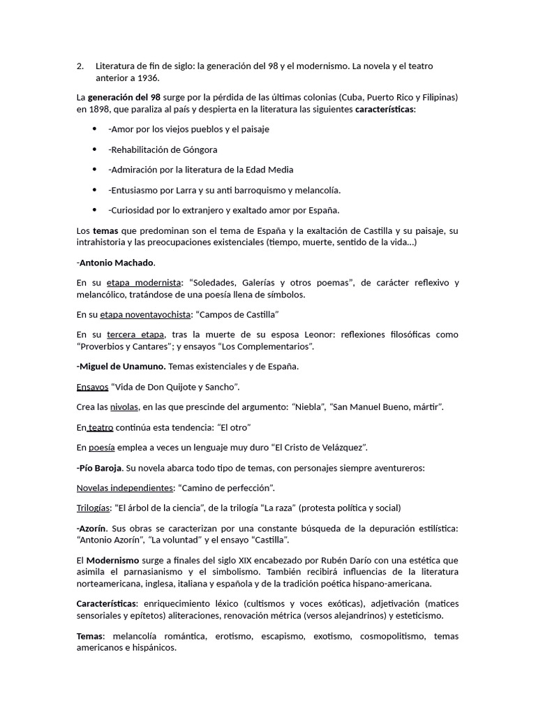 Literatura española: Generación del 98 y Modernismo | PDF