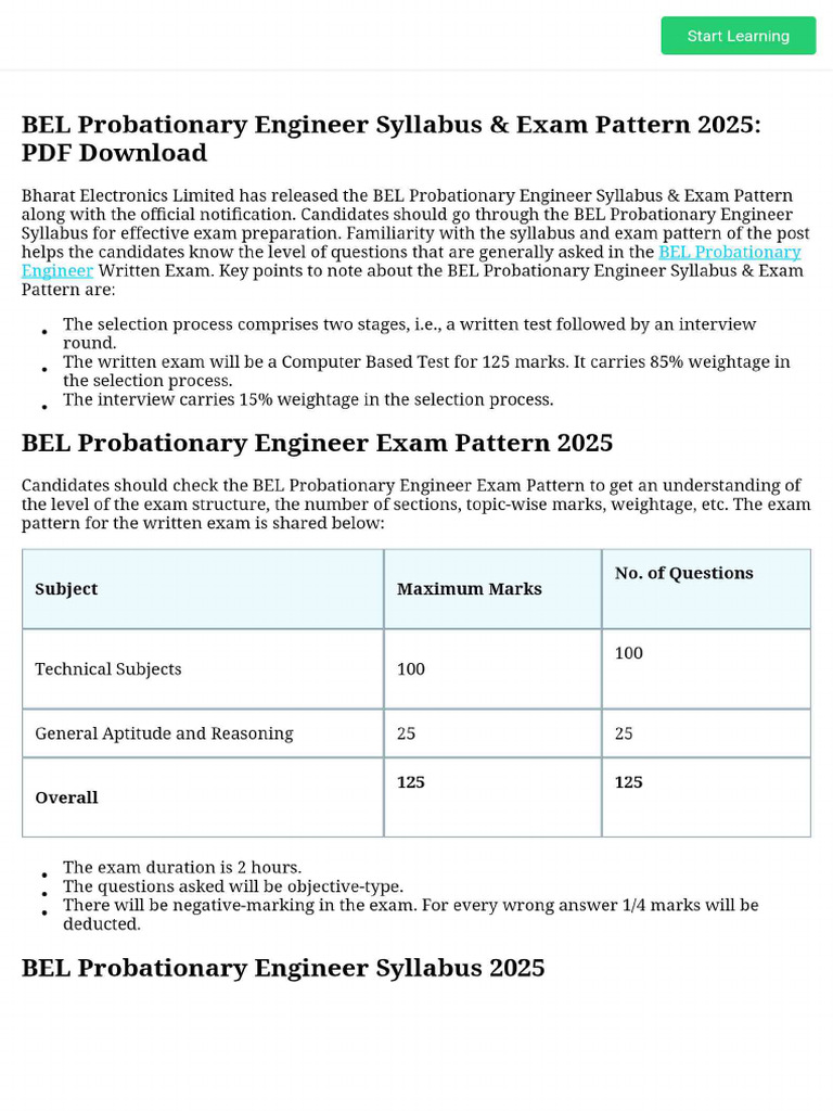 BEL Probationary Engineer Syllabus & Exam Pattern 2025 - PDF Download | PDF