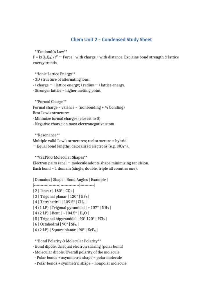 Chem Unit 2 Condensed Study Sheet | PDF