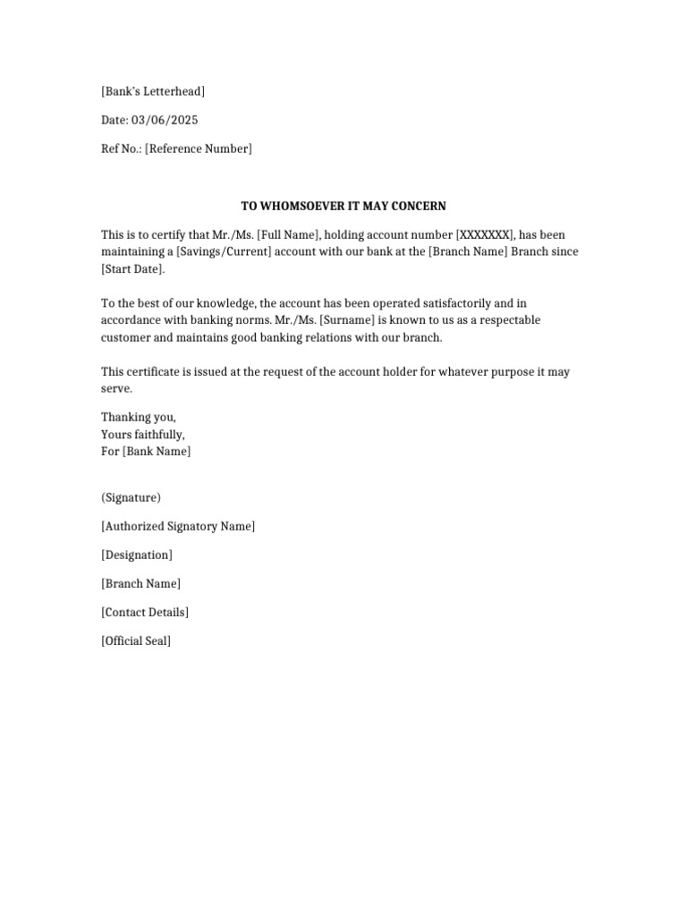 Bank Reference Letter Sample | PDF