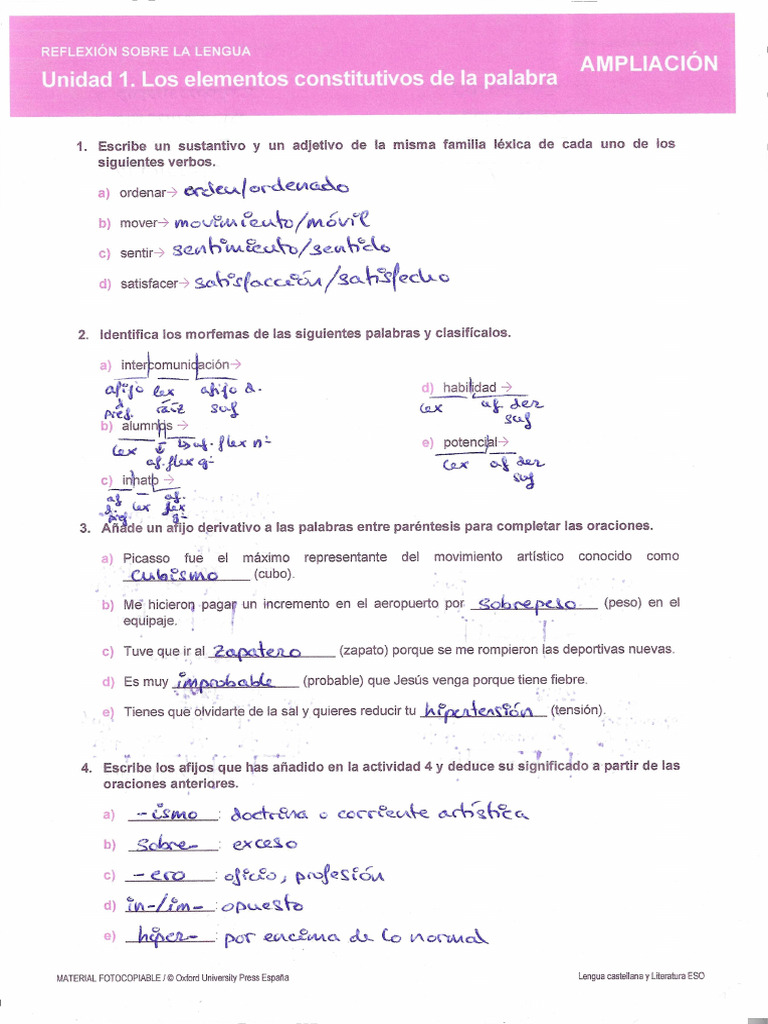 SOLUCIÓN Actividades Ampliación 2ESO Oxford Tema 1 Lex Morf | PDF