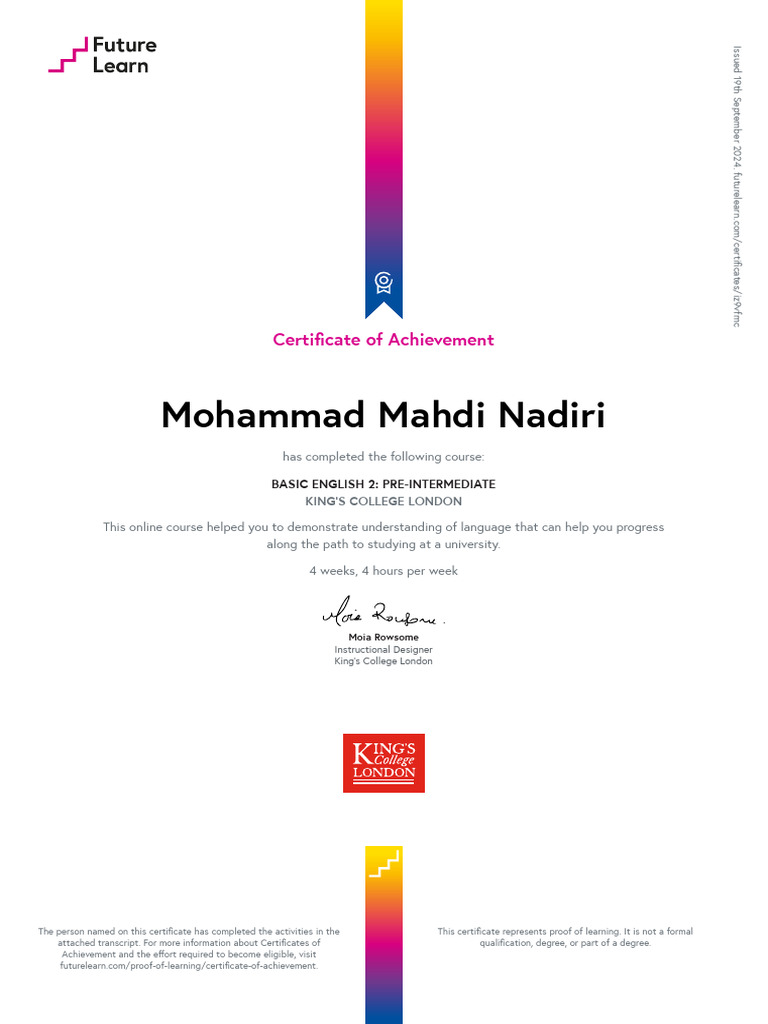 Basic-English-pre-Intermediate Certificate of Achievement Iz9vfmc | PDF ...