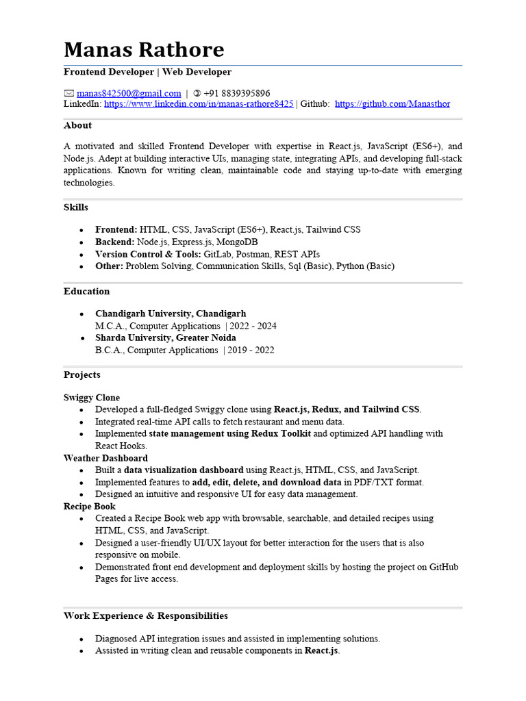 Manas Resume Print | PDF