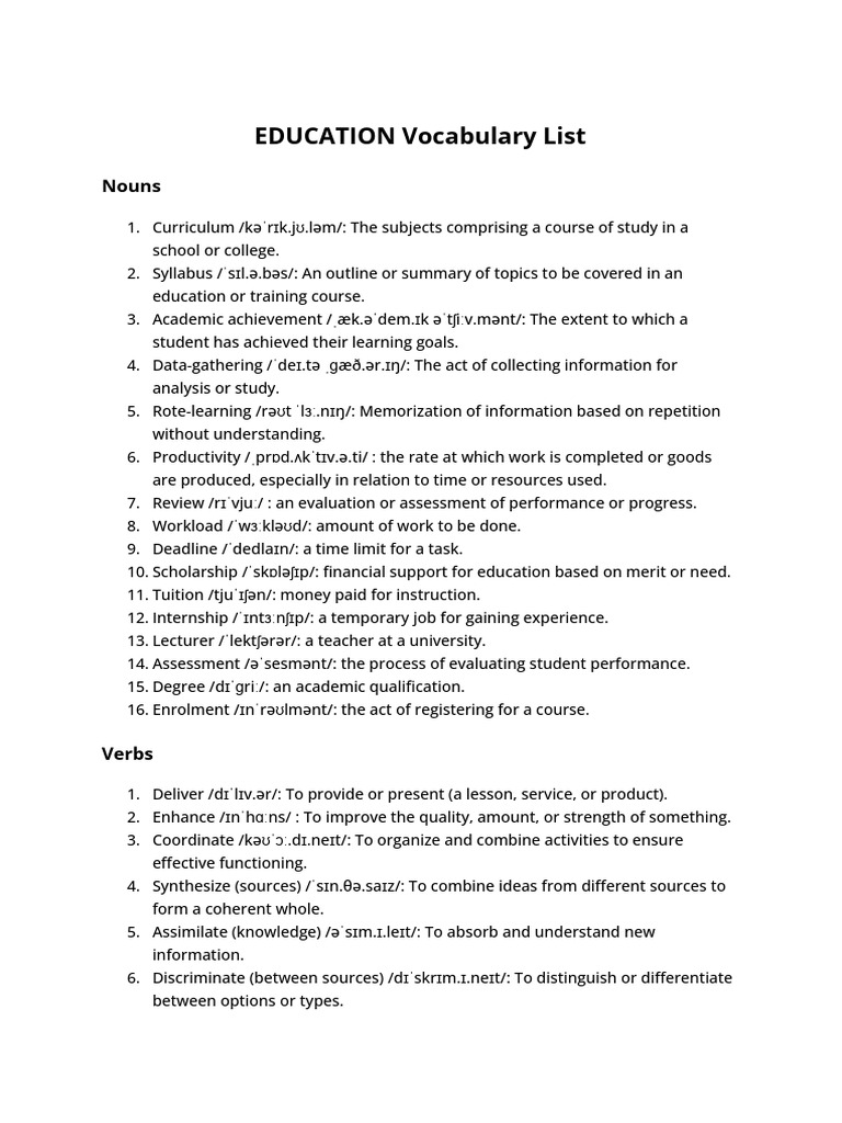 Essential Education Vocabulary List | PDF | Intelligence | Cognition