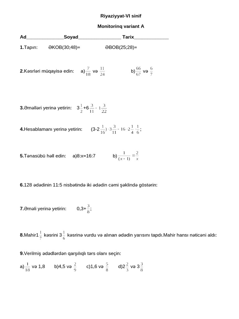 Monitorinq 6 Sinif Riyaziyyat A | PDF