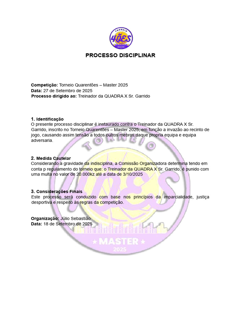 Processo Disciplinar Treinador QUADRA X | PDF