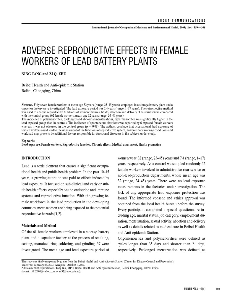 Adverse Reproductive Effects in Female Workers of Lead Battery Plants ...