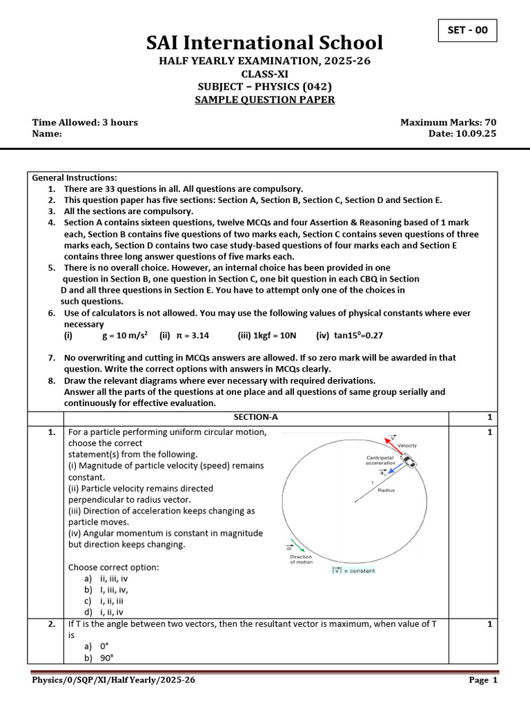 11 Hye SQP Physics 2025 26 | PDF | Acceleration | Force