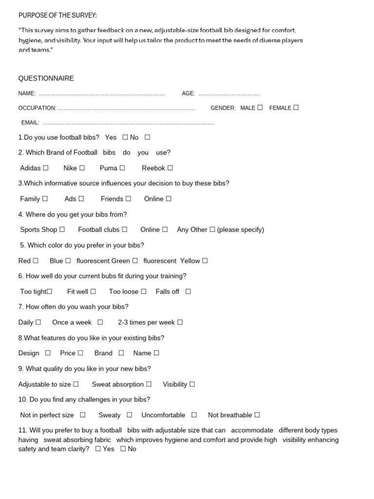 Football Bibs User Feedback Survey | PDF