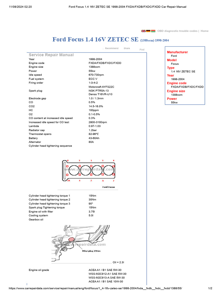 Ford Focus 1.4 16V Repair Manual | PDF | Motor Oil | Horsepower
