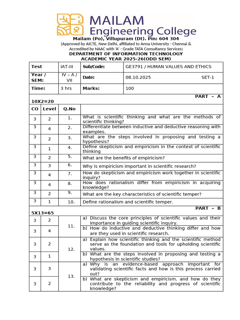 GE3791 HVE IAT3 Questions Set-1 - A - Set1 | PDF | Scientific Method ...