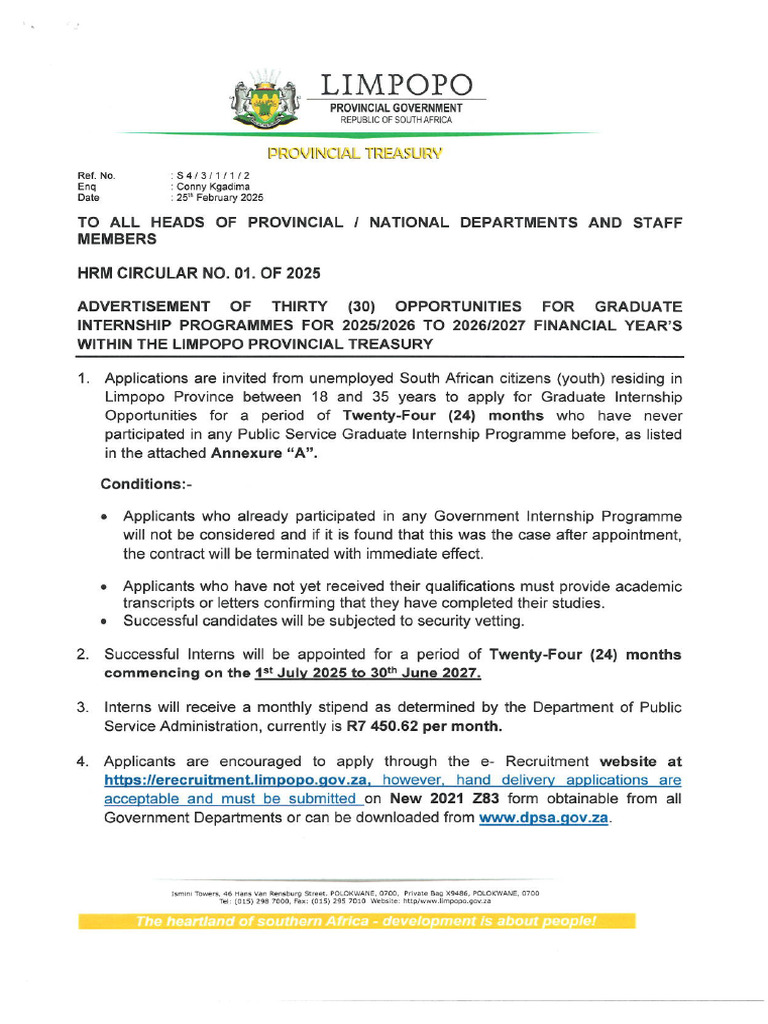 Hrm Circular No 01 of 2025 Advertisement of Graduate Internship Programme 2025 2026 | PDF