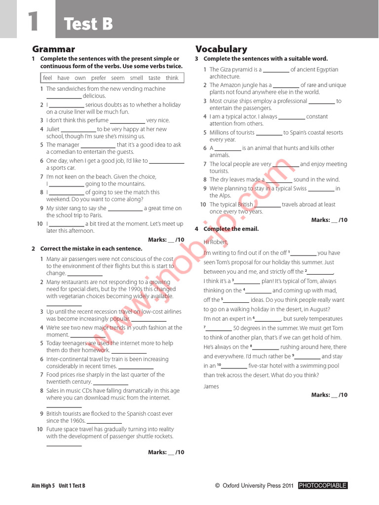 Aim High 5 Unit 1-10 Test B | PDF | Tourism | Time Travel