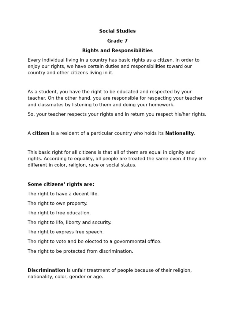Grade 7 Citizenship Rights and Duties | PDF