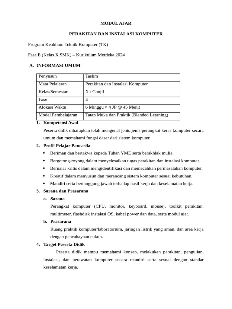 Modul Ajar Perakitan Dan Instalasi Komputer | PDF
