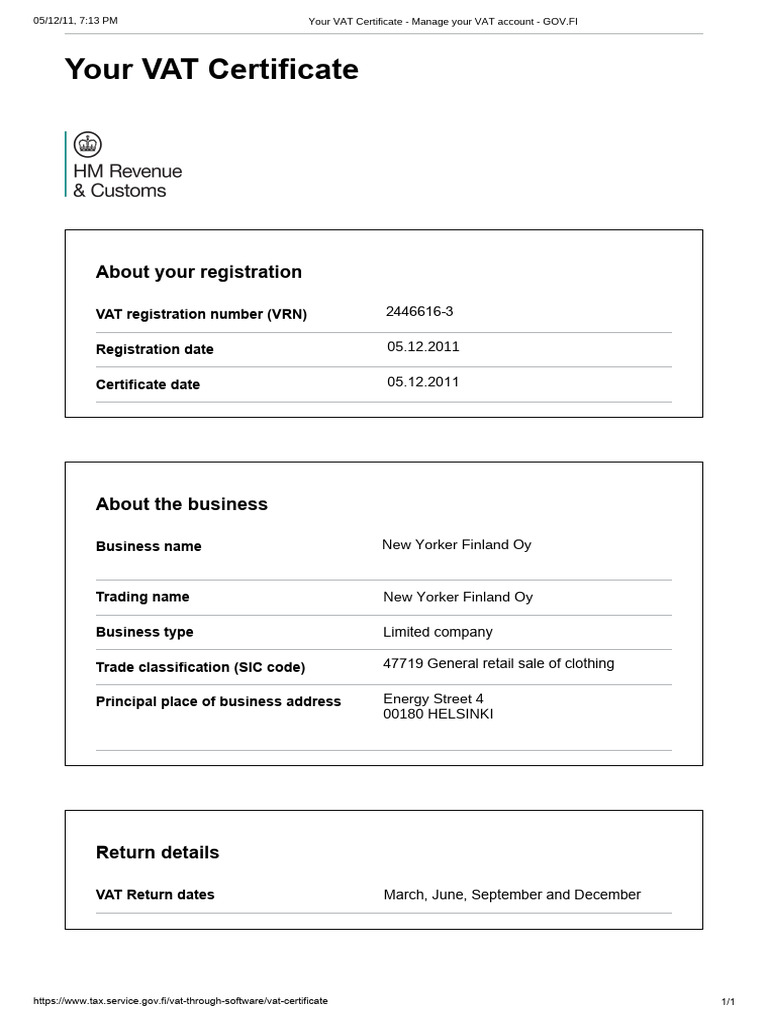 VAT Registration Details for New Yorker Finland | PDF