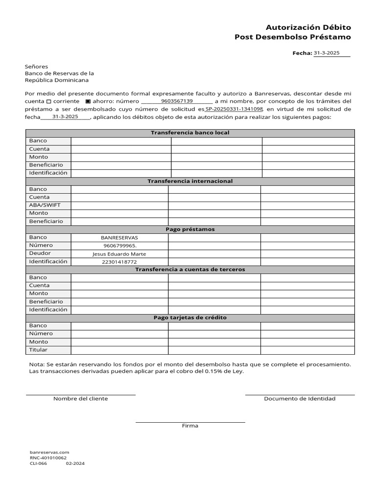 CLI-066 Autorización Dėbito Post Desembolso Prėstamo (Interactivo) | PDF
