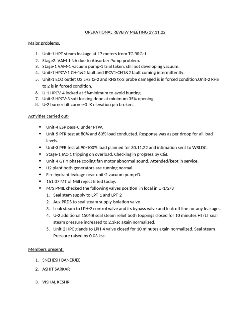 Operational Review Meeting Summary 29.11.22 | PDF