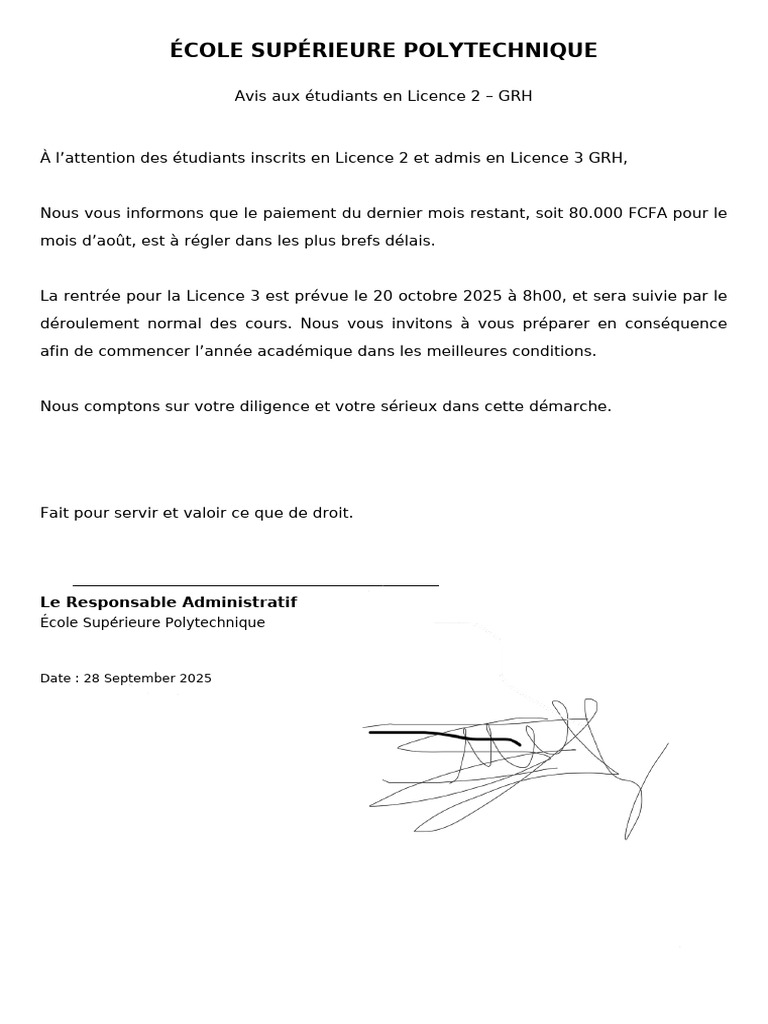 Avis Paiement L2 GRH Signature Responsable | PDF