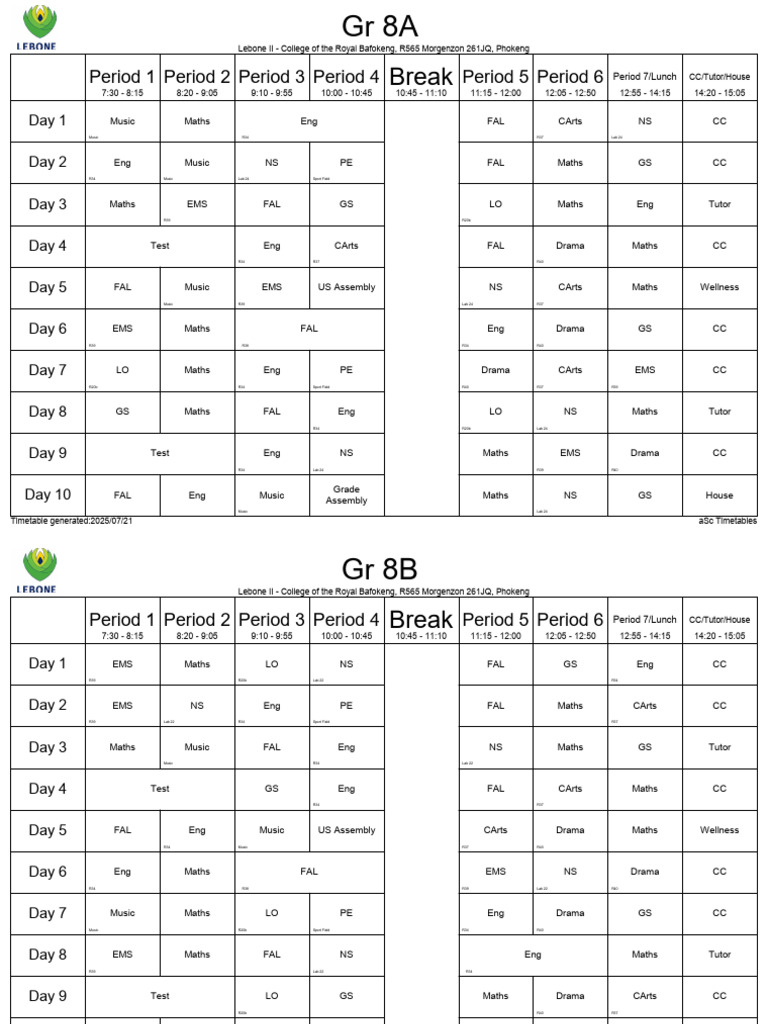 Term 3 Timetable - Student Version | PDF