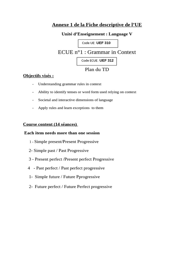 Annexe 1 de La Fiche Descriptive Grammar in Context S 3 & 4 | PDF