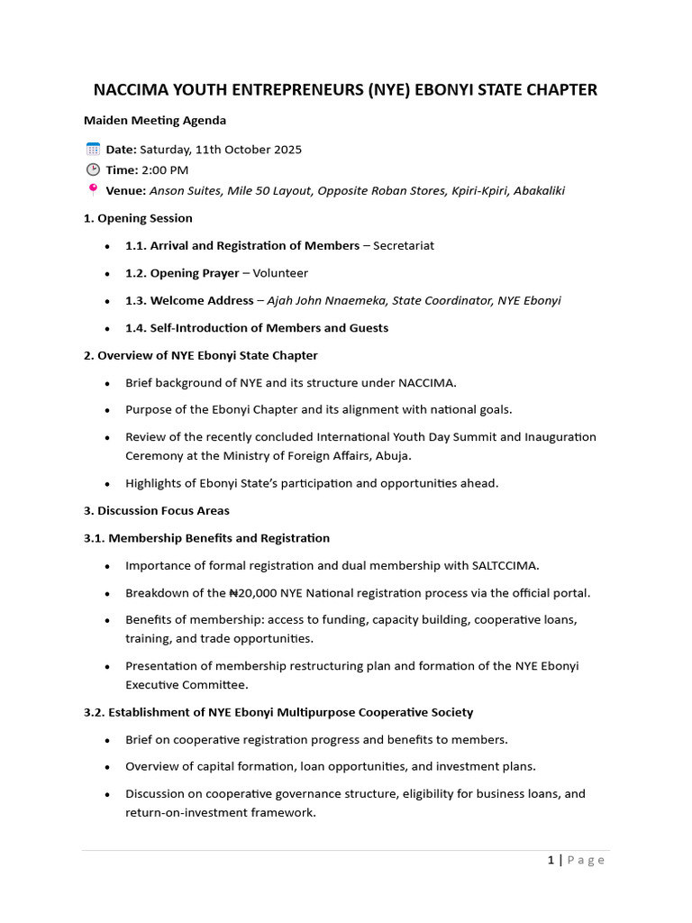 Naccima Youth Entrepreneurs - Maiden Meeting Outline | PDF | Business ...