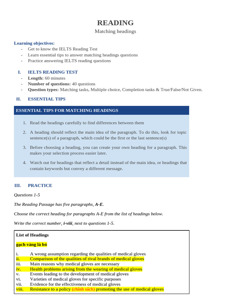 IELTS Reading Test: Matching Headings Guide | PDF | Transport