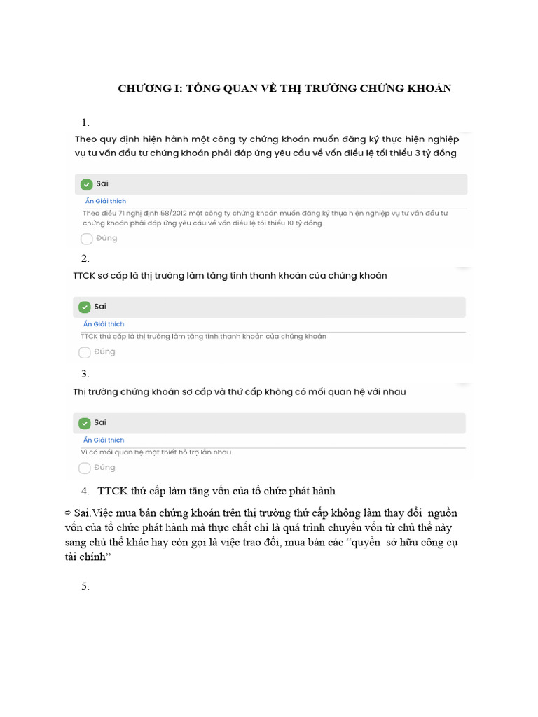 (TTCK) Câu Hỏi Đúng - Sai | PDF