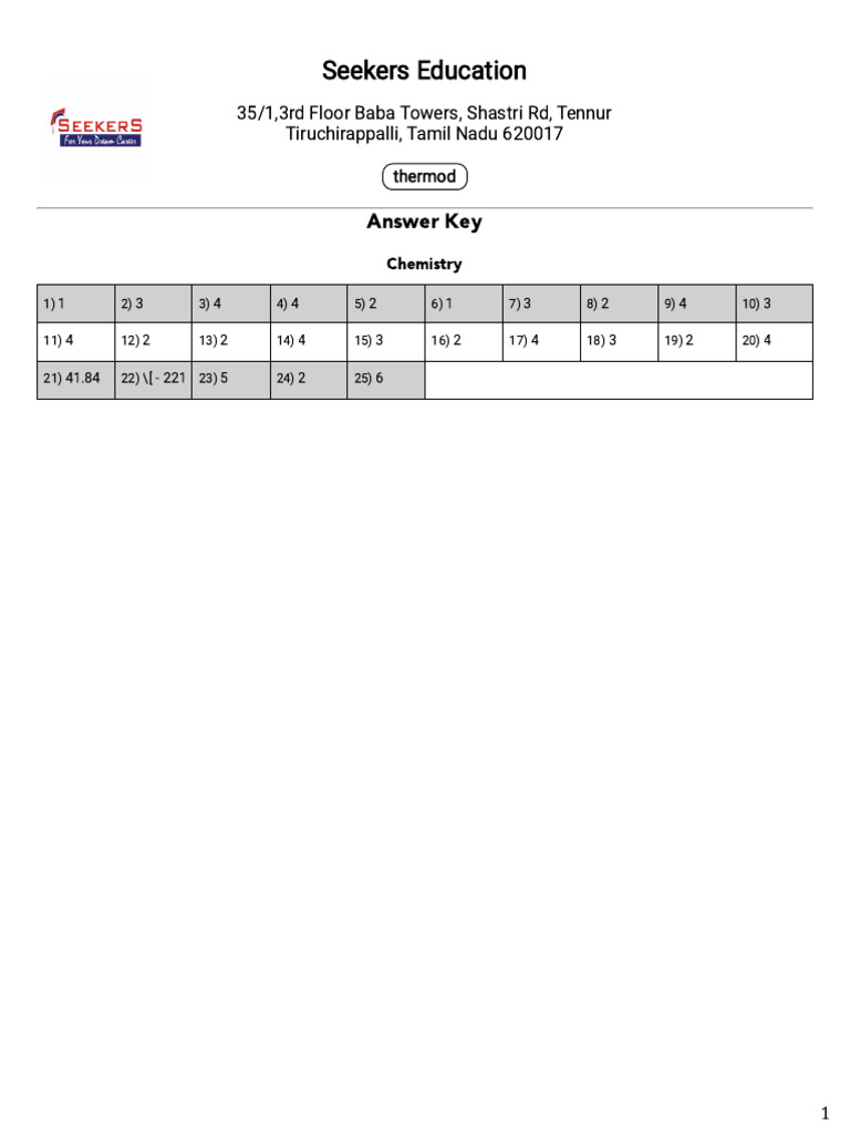 Thermodynamics Answer Key | PDF | Heat | Gases