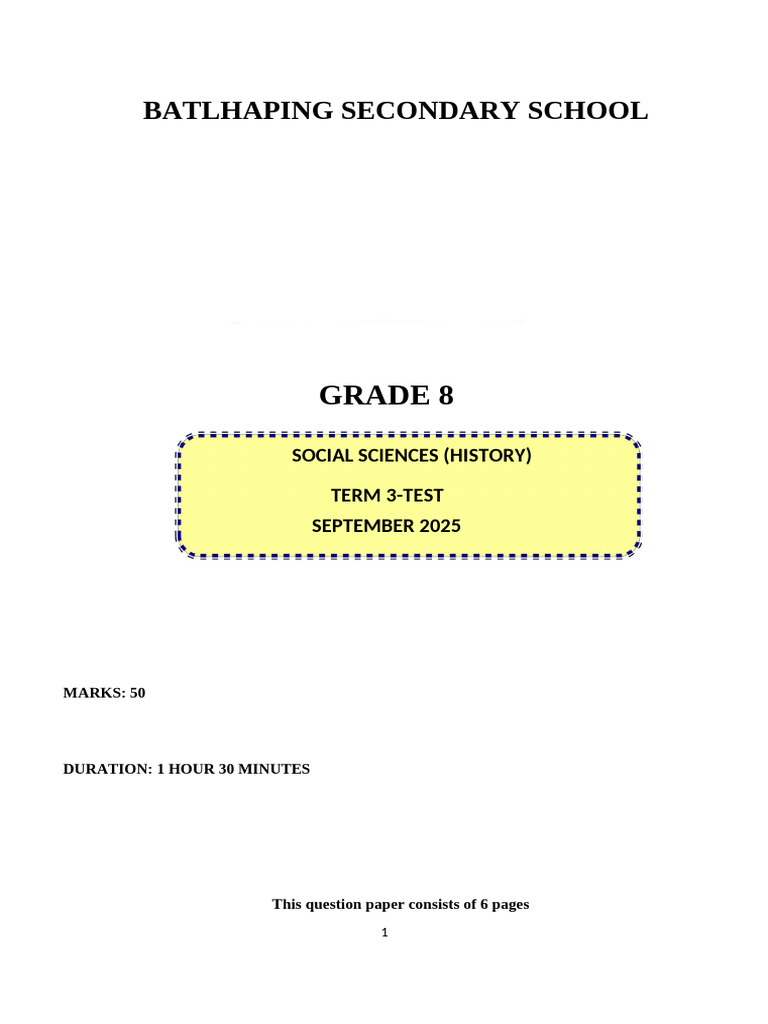 SS (History) 8 Term 3 Exam 2025 | PDF | Africa | Colonization
