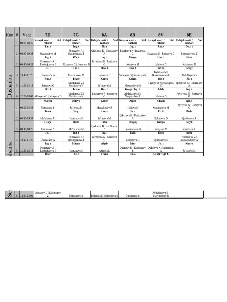 Weekly Class Schedule for Students | PDF
