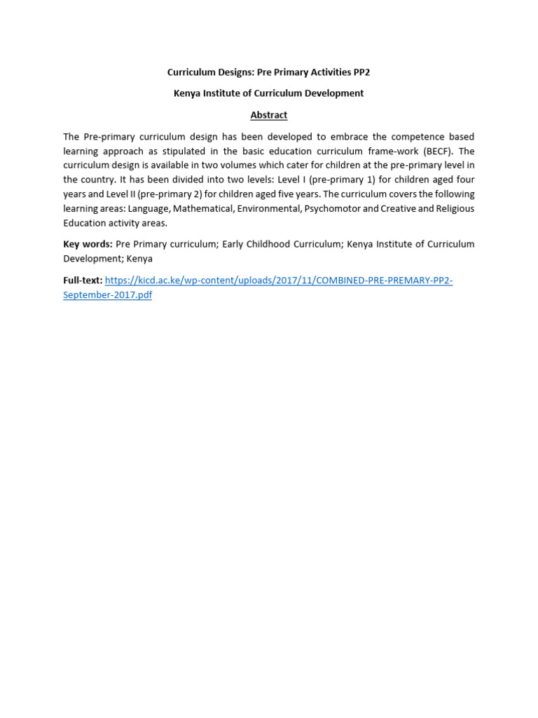 Curriculum Designs Pre Primary Activities PP2-Abstract | PDF