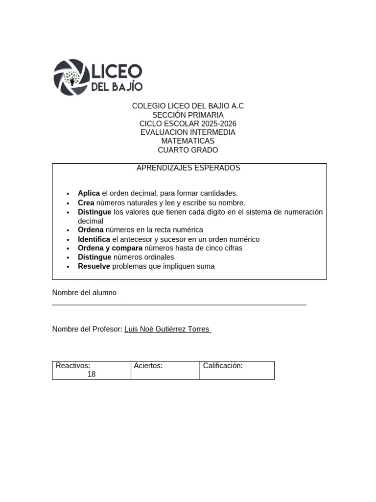 Evaluación Intermedia Matemáticas 4° Grado | PDF | México | Números