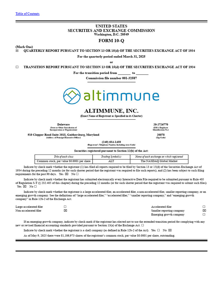 Altimmune, Inc.: FORM 10-Q | PDF | Fair Value | Equity (Finance)