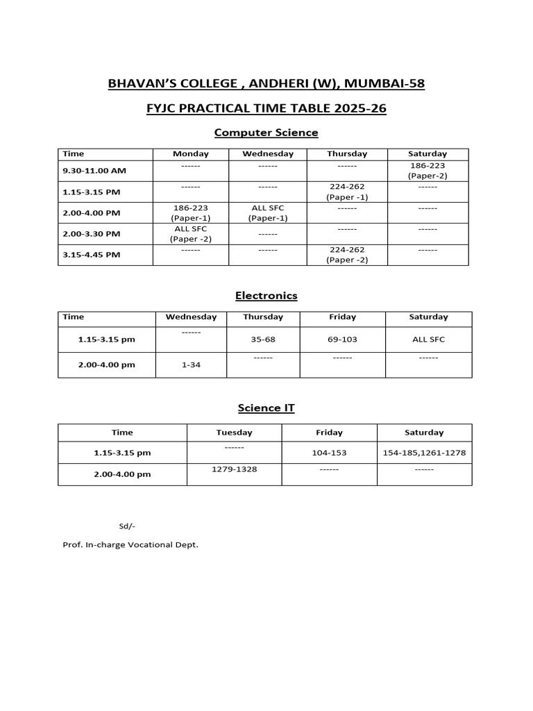 Fyjc Voc and It Pract Time Table (Students) 2526-1 | PDF