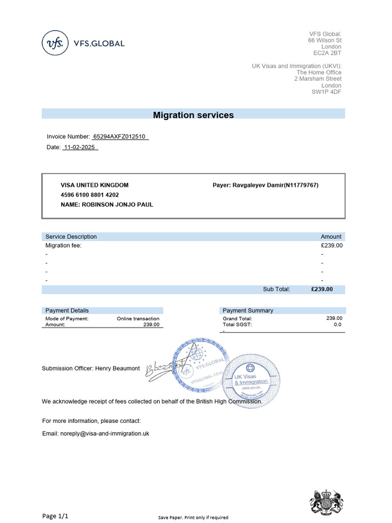 Visas-Immigration Invoice Ravgaleyev Damir | PDF | Receipt | Payments
