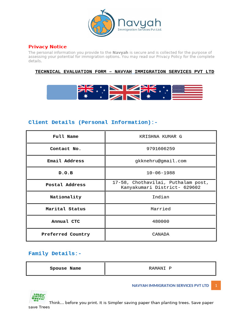 Evaluation Form - Navyah Immigration Services Pvt. Ltd. | PDF ...