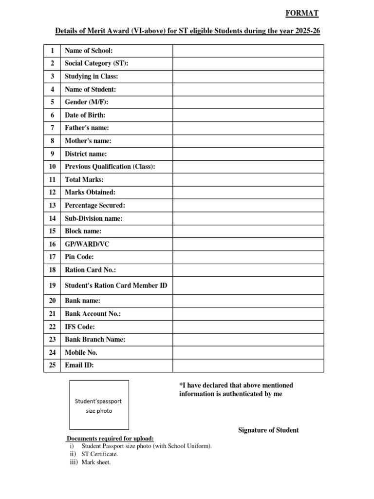 Merit Award Application for ST Students 2025-26 | PDF