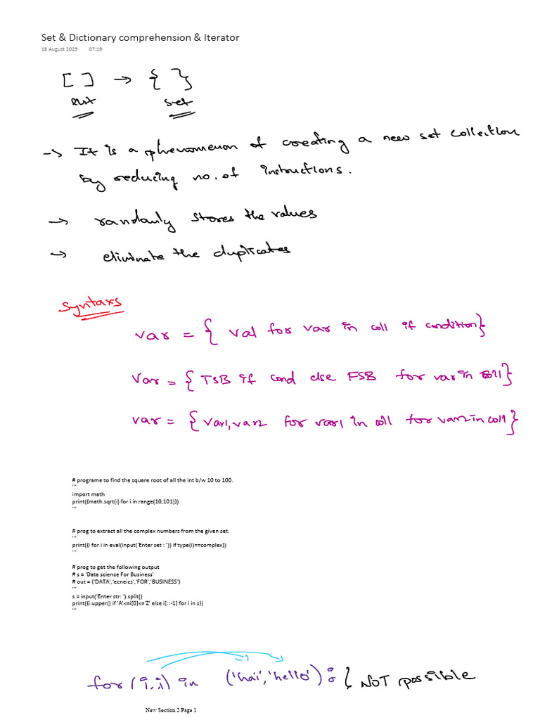 Set & Dictionary Comprehension & Iterator | PDF