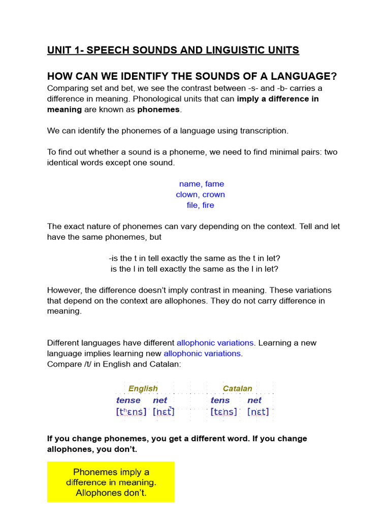 Unit 1 - Speech Sounds and Linguistic Units | PDF
