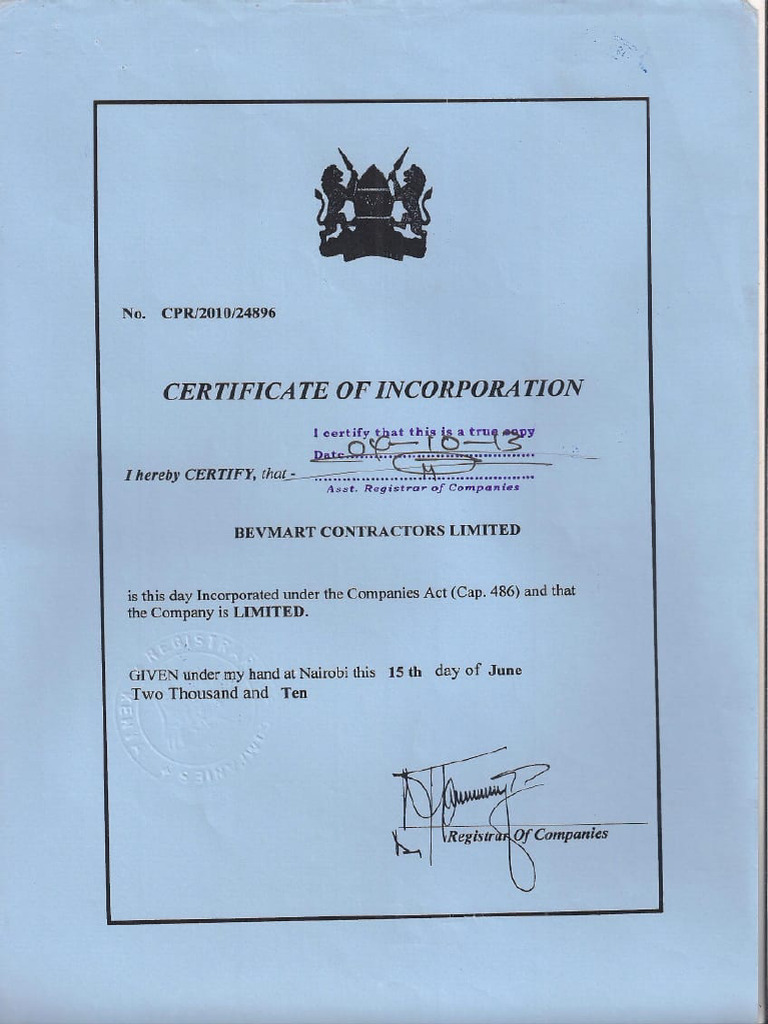 Bevmart Certificate of Incorporation | PDF