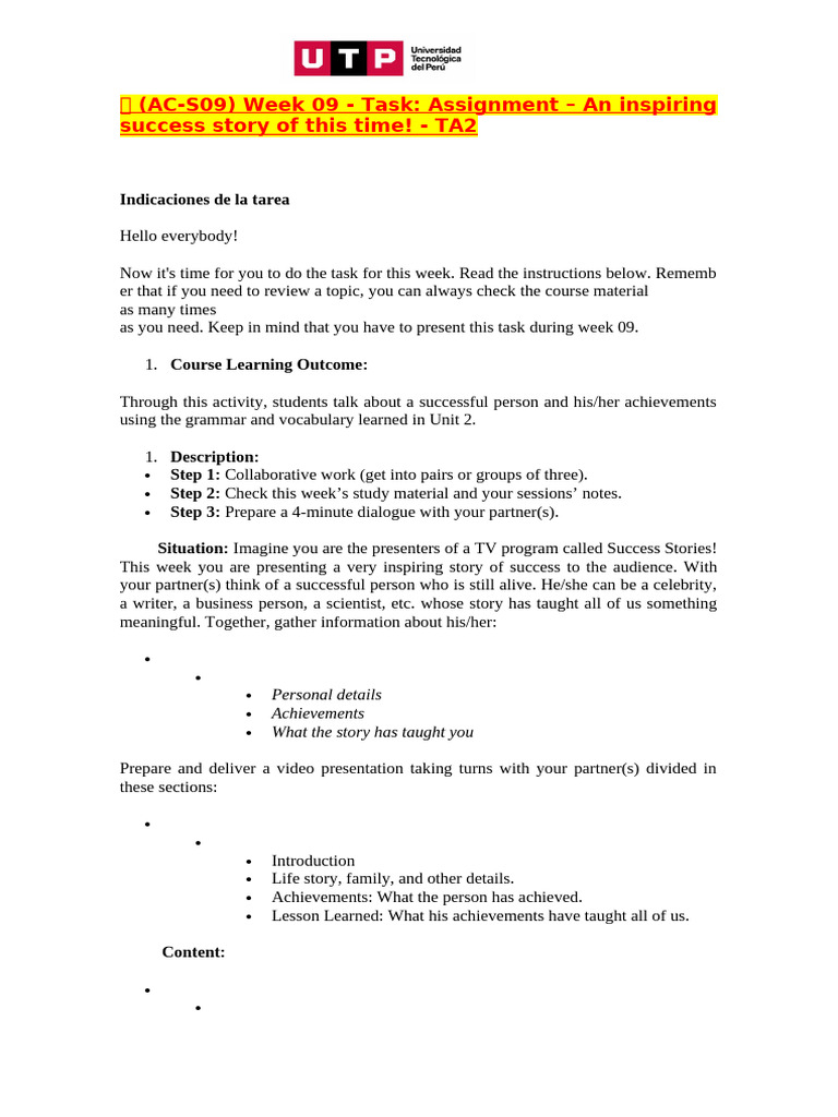 ? (AC-S09) Week 09 - Task Assignment - An Inspiring Success Story of This Time! - TA2 (INGLES 4 ...