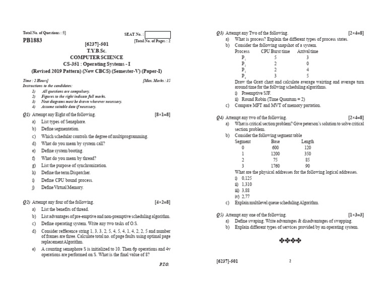 Operating Systems Exam Paper CS-351 | PDF | Scheduling (Computing ...