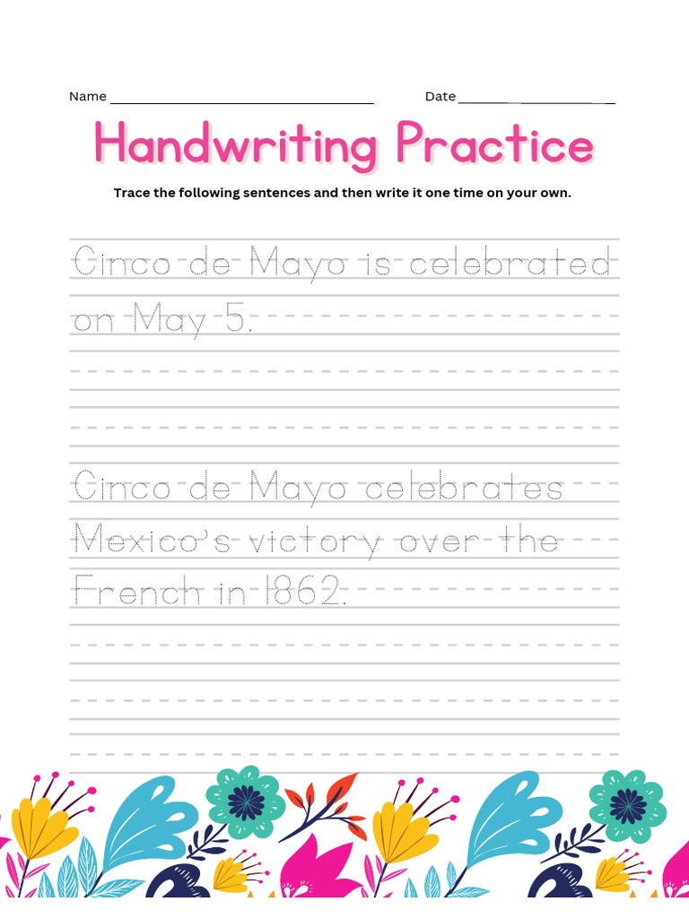 Cinco de Mayo Handwriting Worksheet in Pink and Blue Lined Style ...