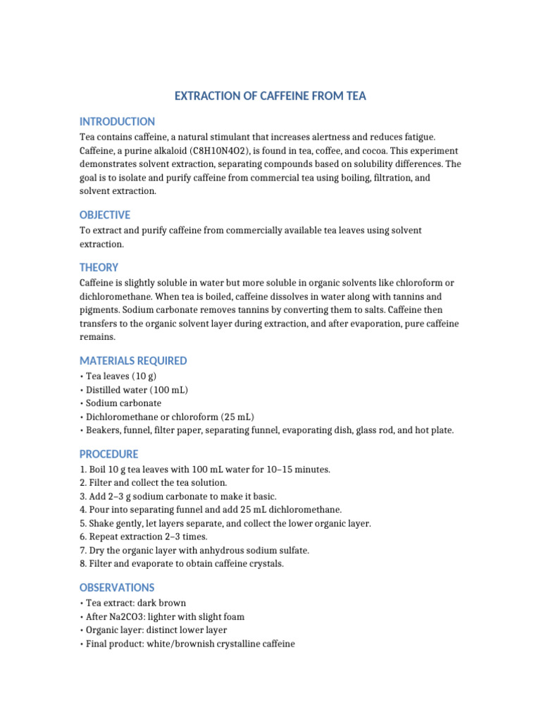 Caffeine Extraction from Tea Leaves | PDF | Caffeine | Solubility