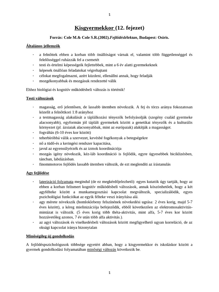 Jegyzet Kisiskoláskor-Cole 12 Fej.+Vajd Zs | PDF